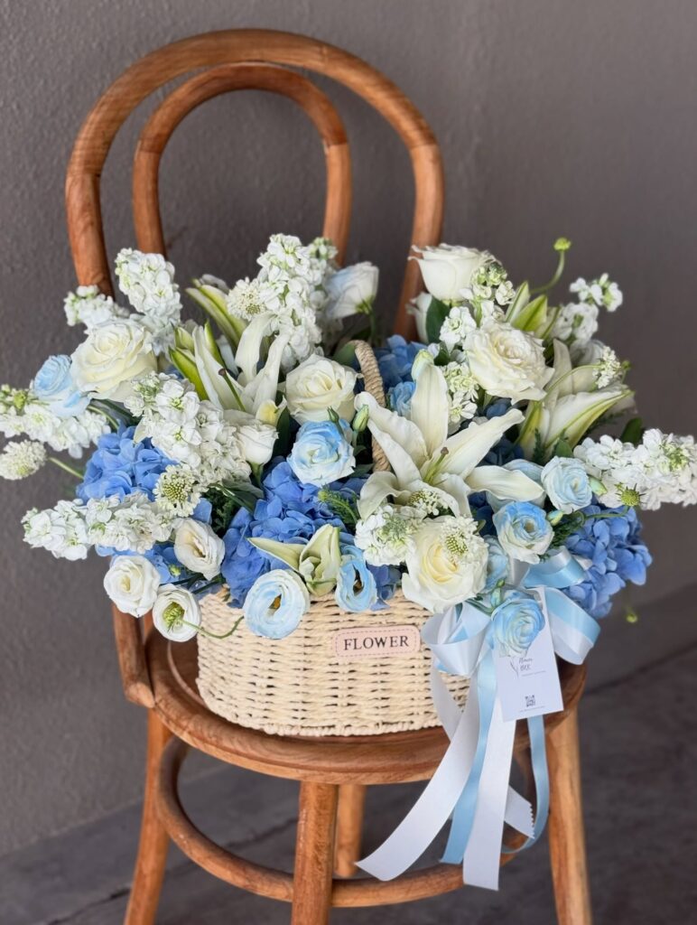 Pure Blue & White Flower Basket | Elegant Fresh Flower